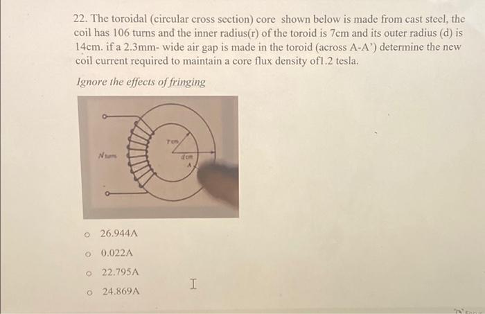 Solved 22. The toroidal (circular cross section) core shown | Chegg.com