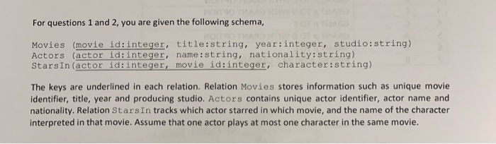 Solved For questions 1 and 2, you are given the following | Chegg.com