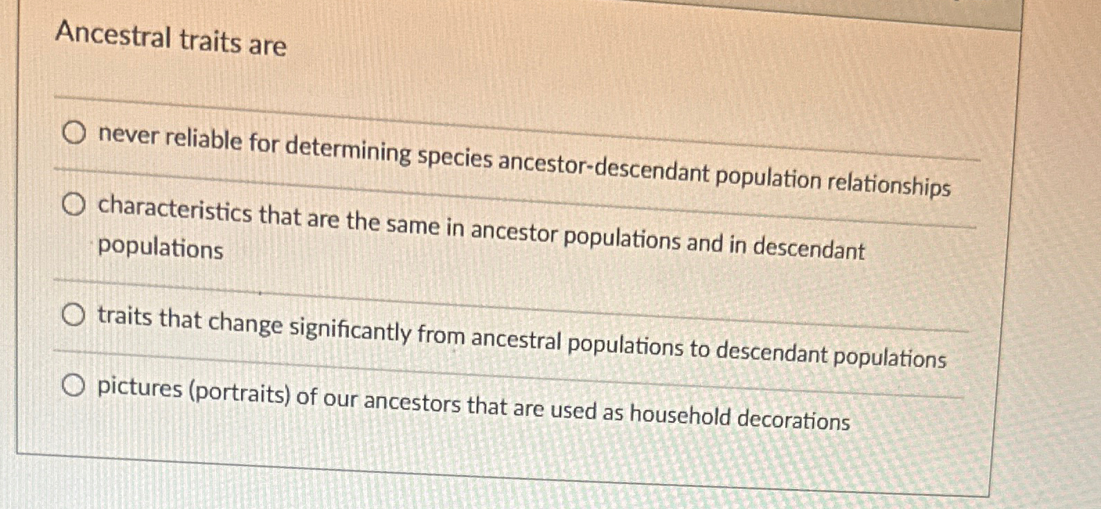 Solved Ancestral traits arenever reliable for determining | Chegg.com