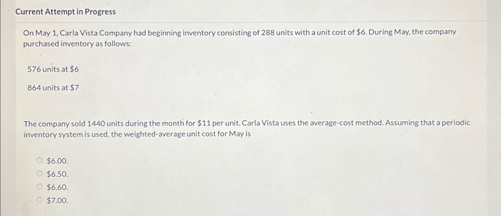 Solved Current Attempt in ProgressOn May 1, ﻿Carla Vista | Chegg.com