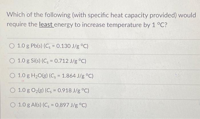 Solved Which of the following (with specific heat capacity | Chegg.com