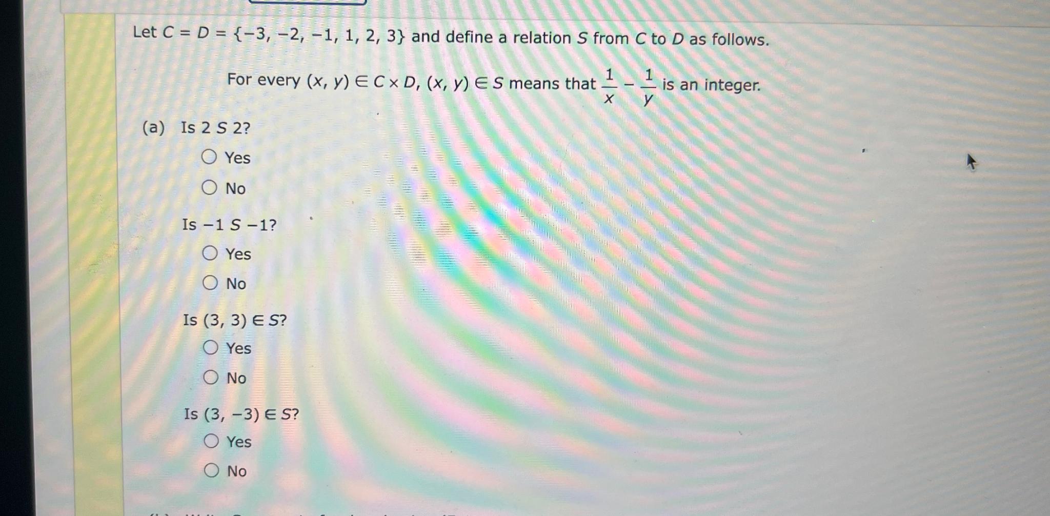 Solved Let C=D={-3,-2,-1,1,2,3} ﻿and define a relation S | Chegg.com