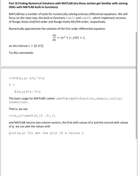 Part 3) Finding Numerical Solutions with MATLAB (try | Chegg.com