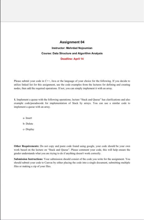 Solved Assignment 04 Instructor: Mehrdad Nojoumian Course: | Chegg.com
