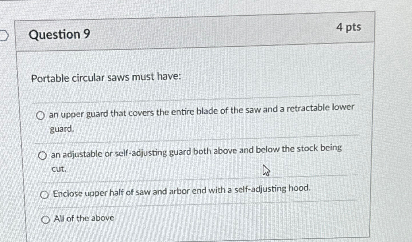 Solved Question 94 ﻿ptsPortable circular saws must have:an | Chegg.com