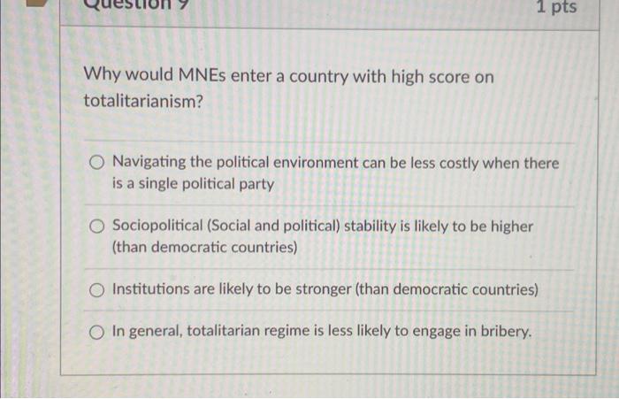 Solved 1 pts Why would MNEs enter a country with high score | Chegg.com