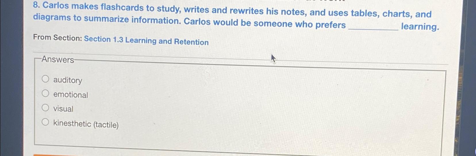 Solved Carlos makes flashcards to study, writes and rewrites | Chegg.com