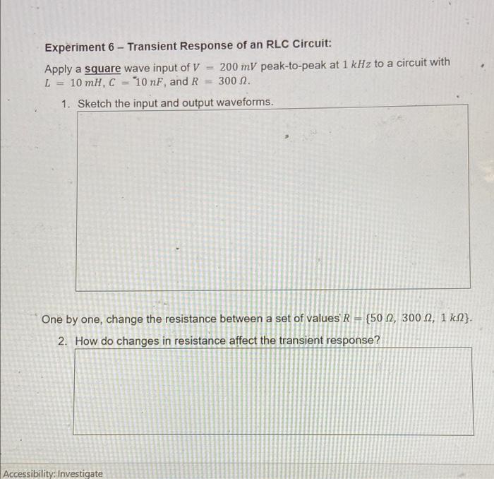 Solved - Experiment 6 - Transient Response of an RLC | Chegg.com
