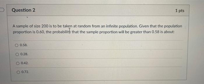 Solved Question 2 1 pts A sample of size 200 is to be taken | Chegg.com