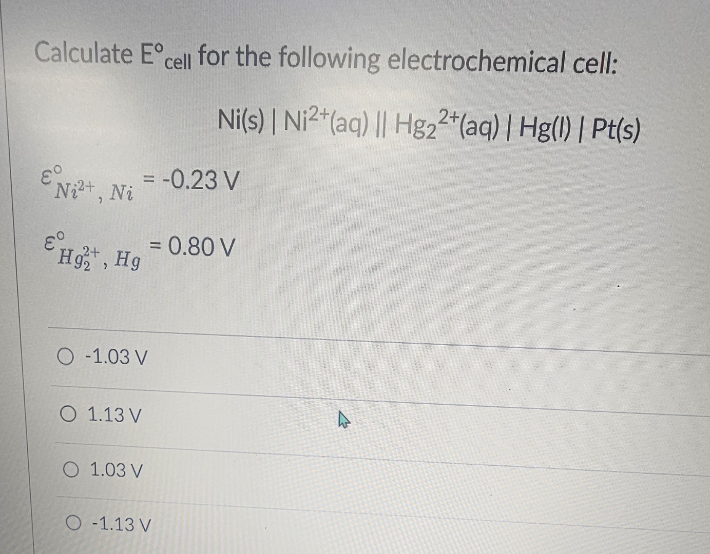 Solved Calculate E°?cell ﻿for the following electrochemical | Chegg.com