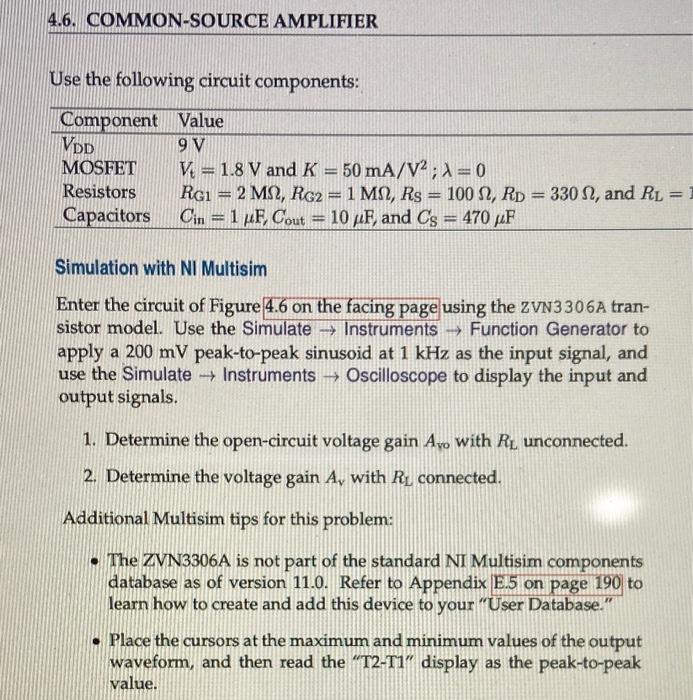 Solved 4 6 Common Source Amplifier The Common Source