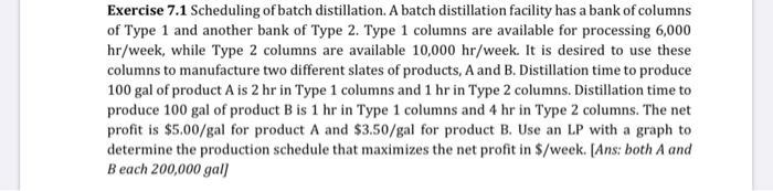 Solved Exercise 7.1 Scheduling of batch distillation. A | Chegg.com