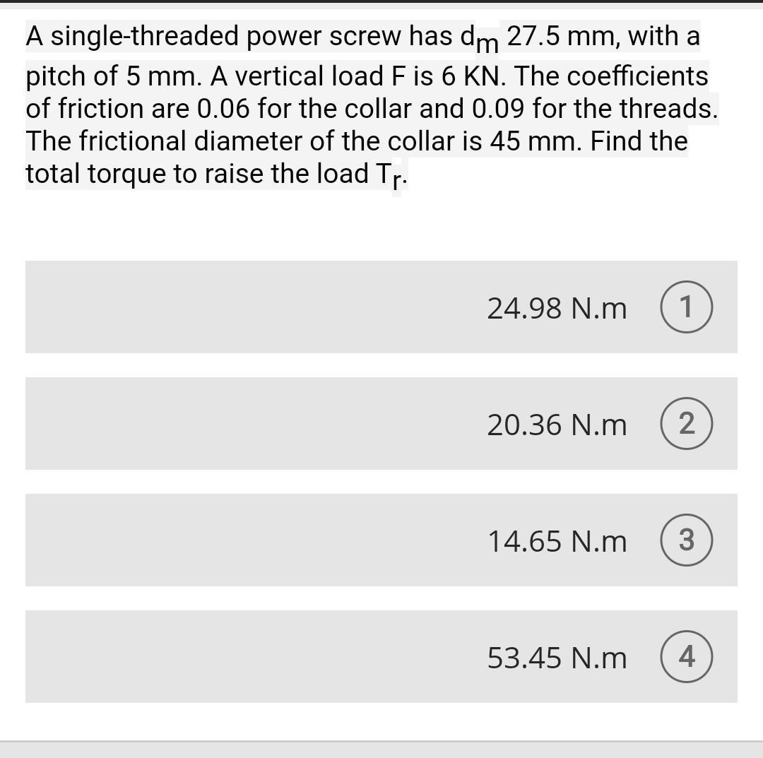 Solved A single-threaded power screw has dm 27.5 mm, with a | Chegg.com