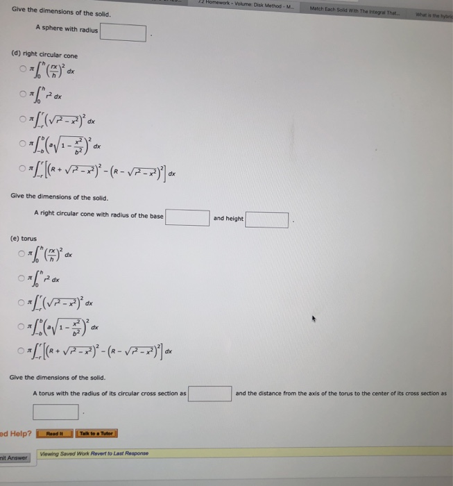 Solved Match each solid with the integral that represents | Chegg.com