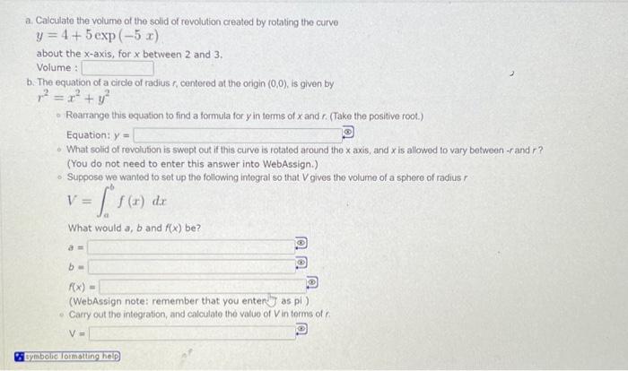Solved a. Calculate the volume of the solid of revolution | Chegg.com