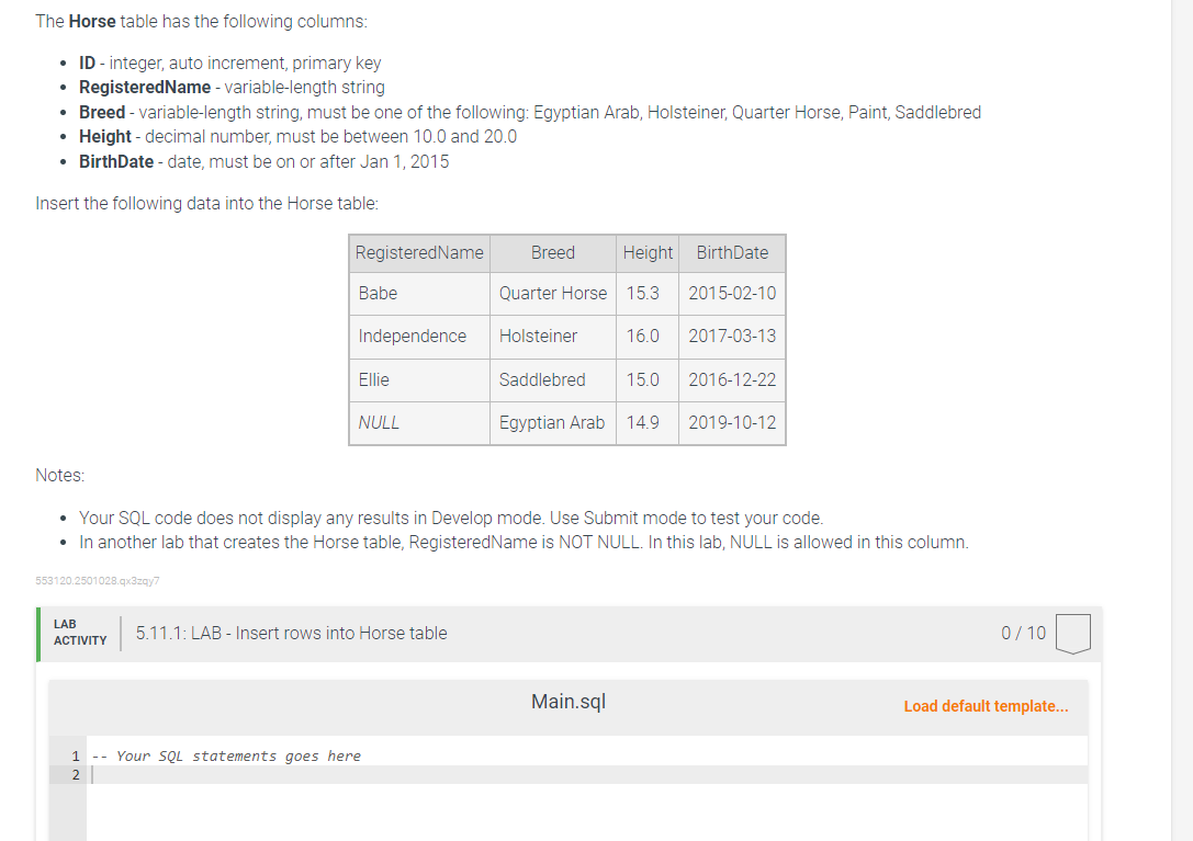 Solved The Horse table has the following columns:ID - | Chegg.com