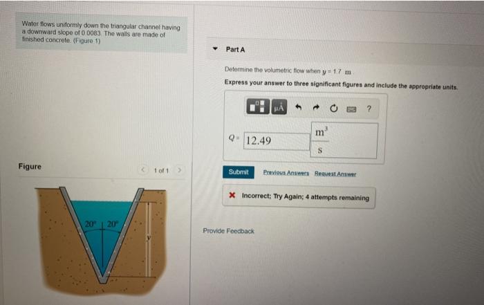 Solved Water flows uniformly down the triangular channel | Chegg.com