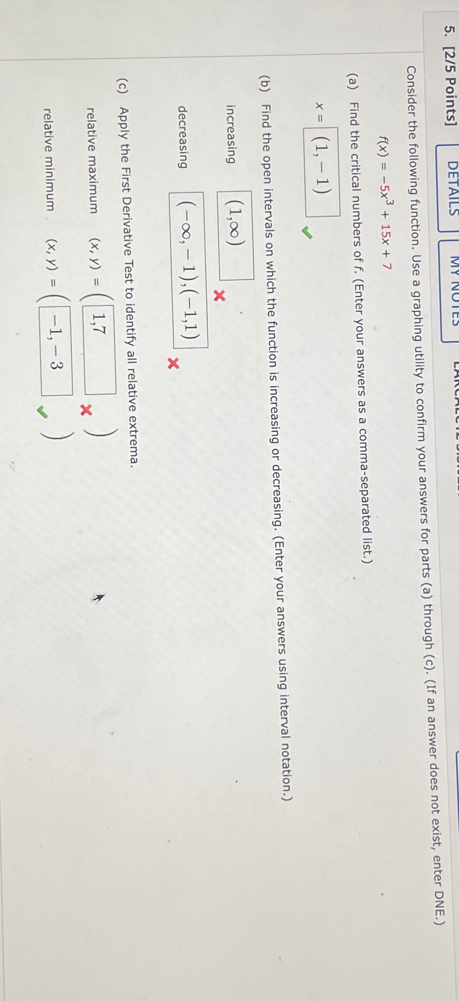 Solved [2/5 ﻿Points]DETAILSConsider the following function. | Chegg.com