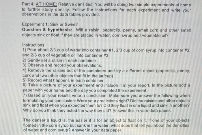 Solved ! Part 4: AT HOME Experiment 1: Sink or Swim? | Chegg.com