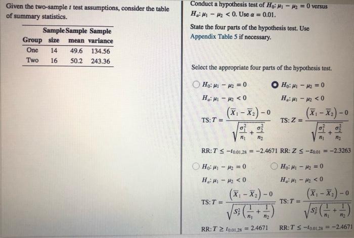 Solved Given the two-sample 1 test assumptions, consider the | Chegg.com