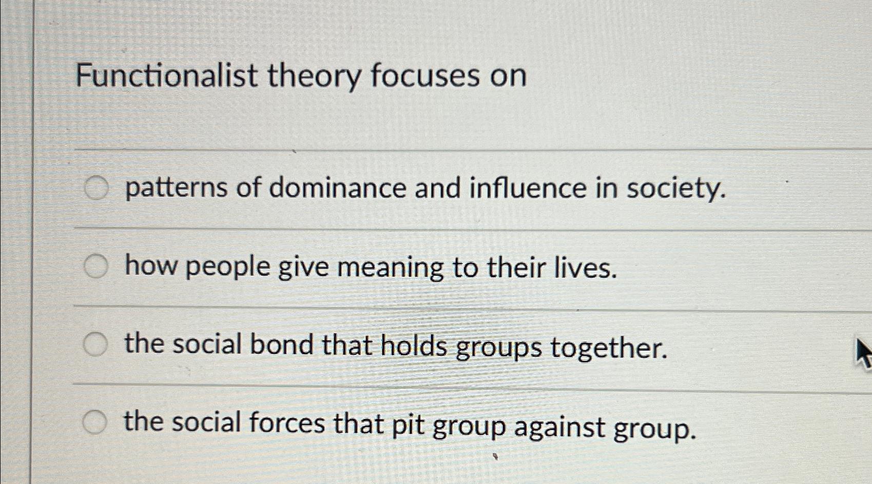 Solved Functionalist theory focuses onpatterns of dominance | Chegg.com