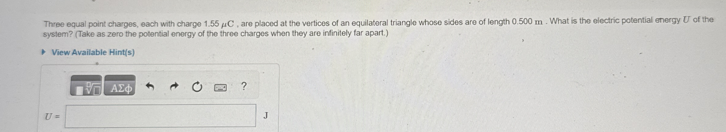 Solved Three equal point charges, each with charge 1.55μC, | Chegg.com