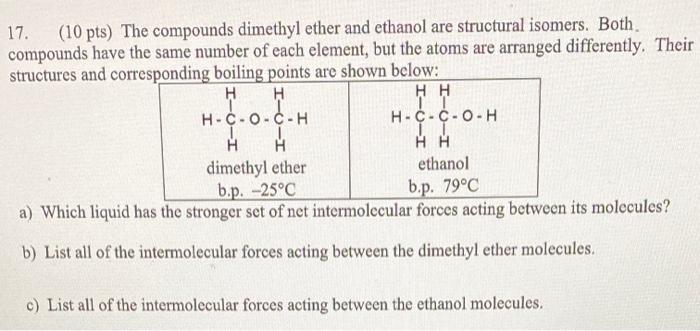 Solved 17. (10 pts) The compounds dimethyl ether and ethanol | Chegg.com