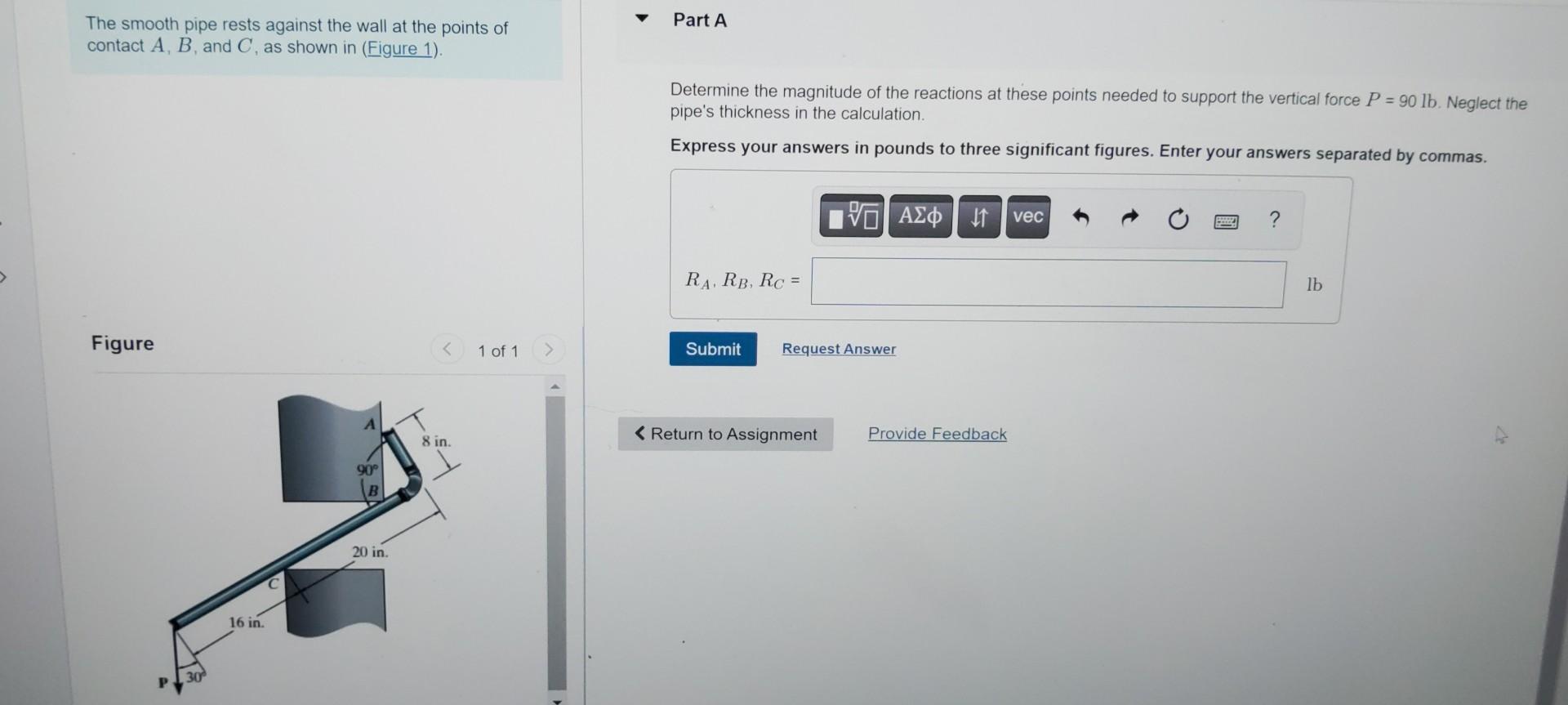 Solved The smooth pipe rests against the wall at the points | Chegg.com