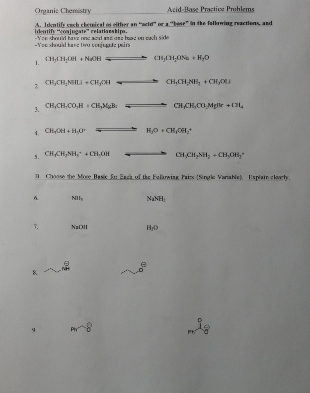 Solved Organic Chemistry Acid-Base Practice Problems A. | Chegg.com