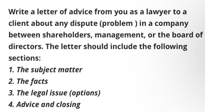 Write a letter of advice from you as a lawyer to a | Chegg.com