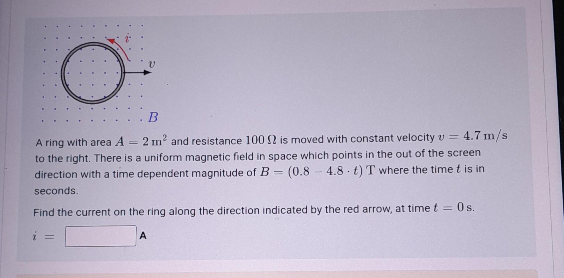 Solved A ring with area A=2m2 and resistance 100Ω is moved | Chegg.com