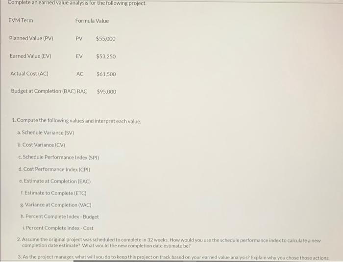 Solved Complete an earned value analysis for the following | Chegg.com