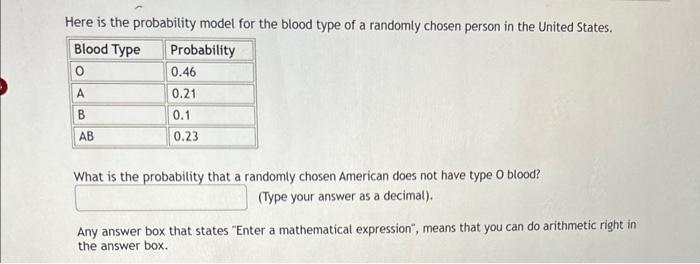 Solved Here is the probability model for the blood type of a | Chegg.com