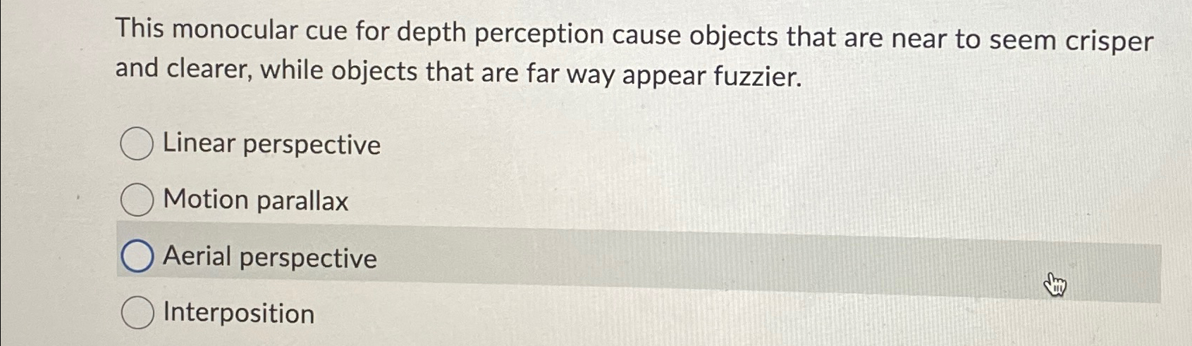 Solved This monocular cue for depth perception cause objects | Chegg.com