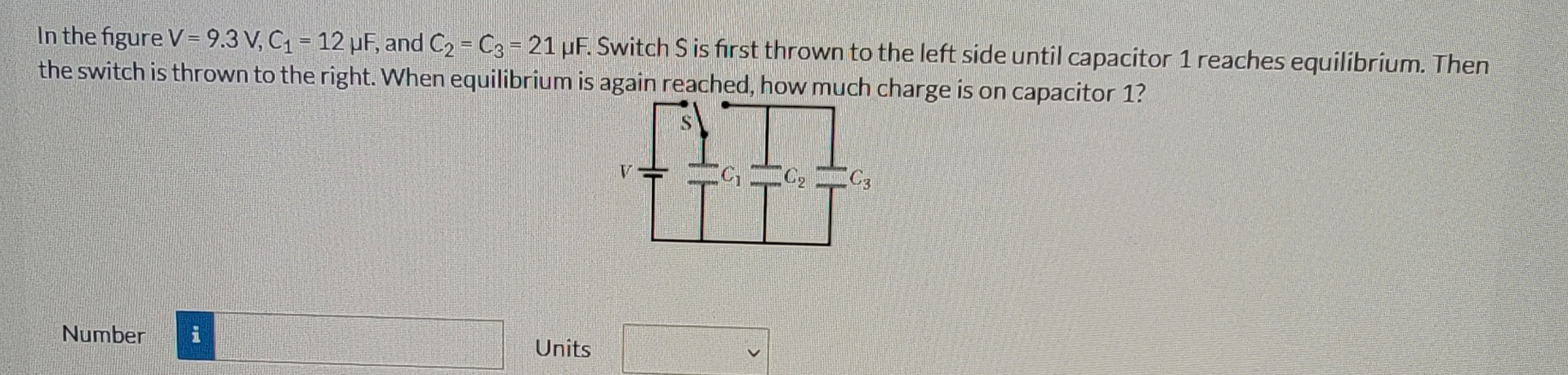 Solved In the figure V=9.3V,C1=12μF, ﻿and C2=C3=21μF. | Chegg.com