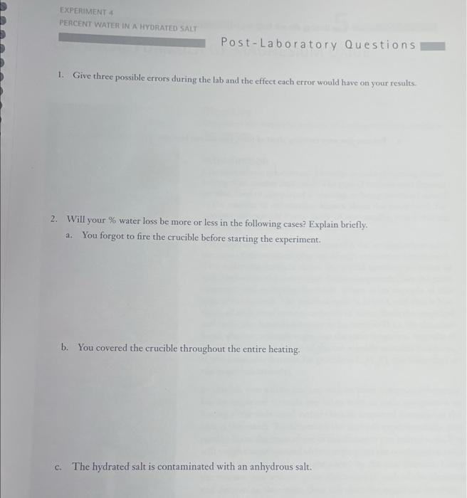Solved 1. Give three possible errors during the lab and the | Chegg.com