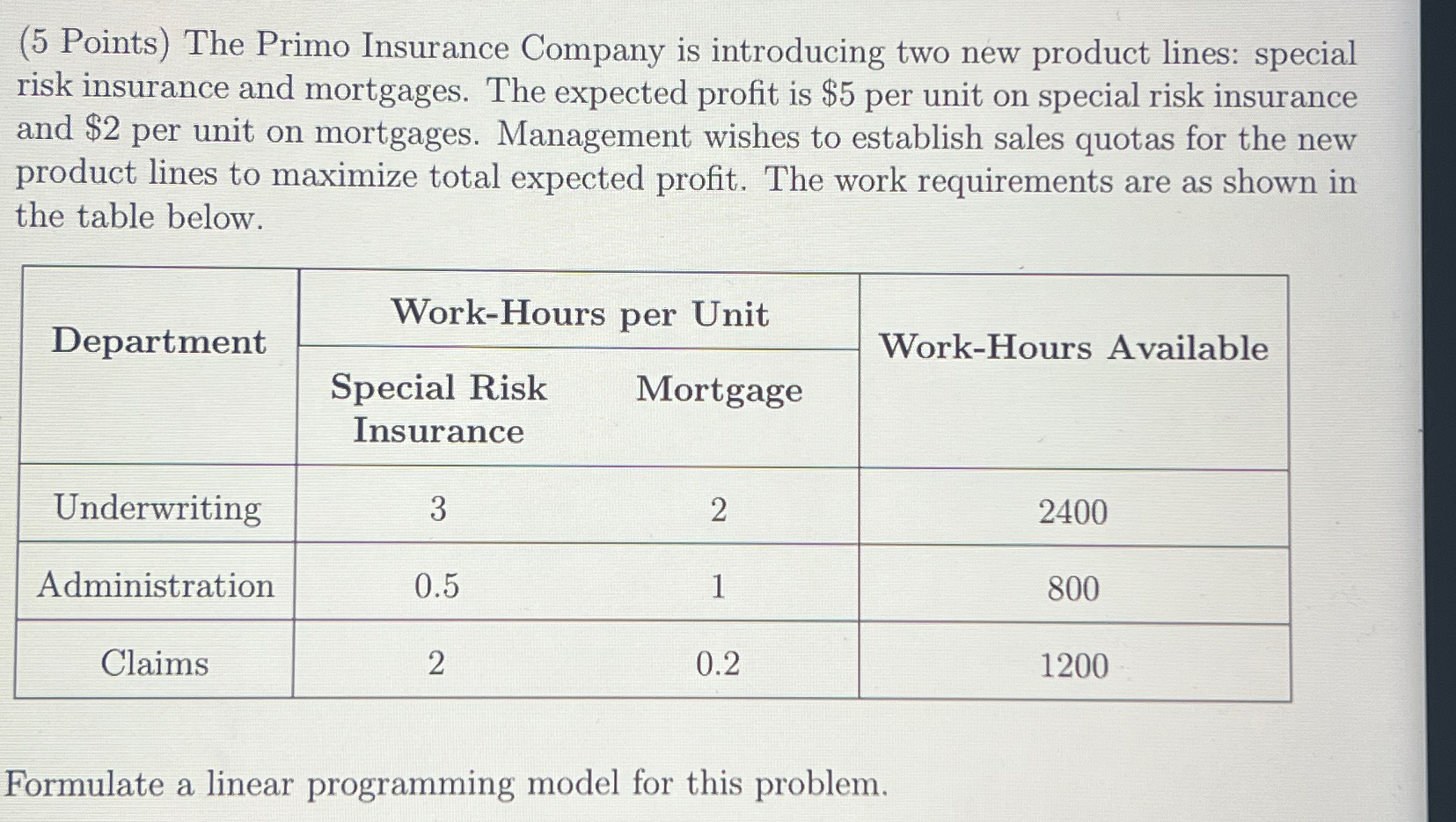 Solved (5 ﻿Points) ﻿The Primo Insurance Company is | Chegg.com