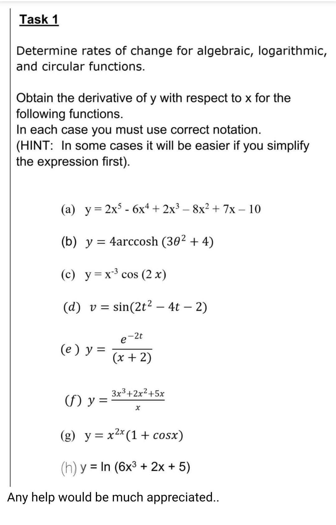 Solved Task 1 Determine rates of change for algebraic, | Chegg.com