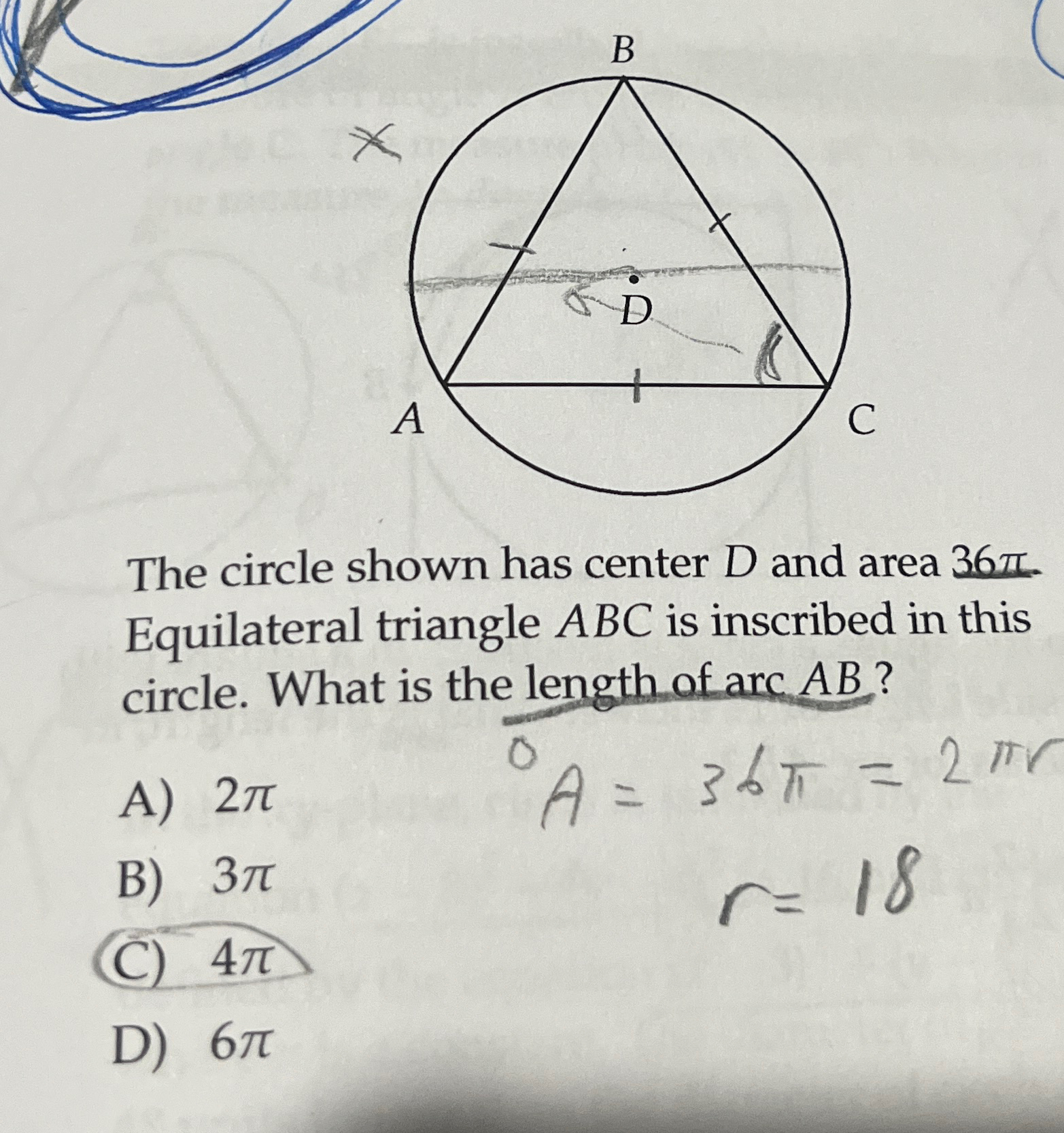 Solved The circle shown has center D ﻿and area 36π | Chegg.com