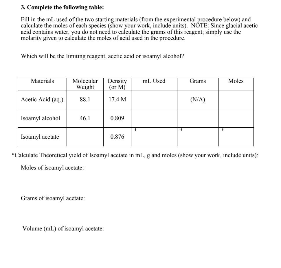 3. Complete the following table: Fill in the mL used | Chegg.com