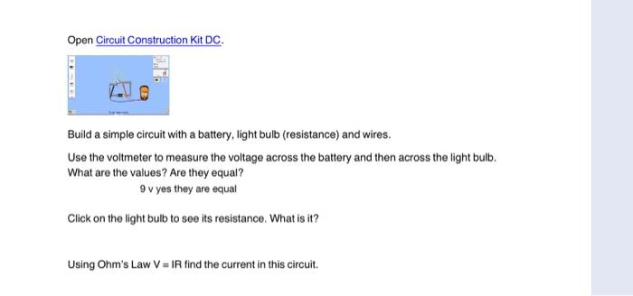 Solved Open the PhET simulation Ohm's Law simulation. V-R | Chegg.com