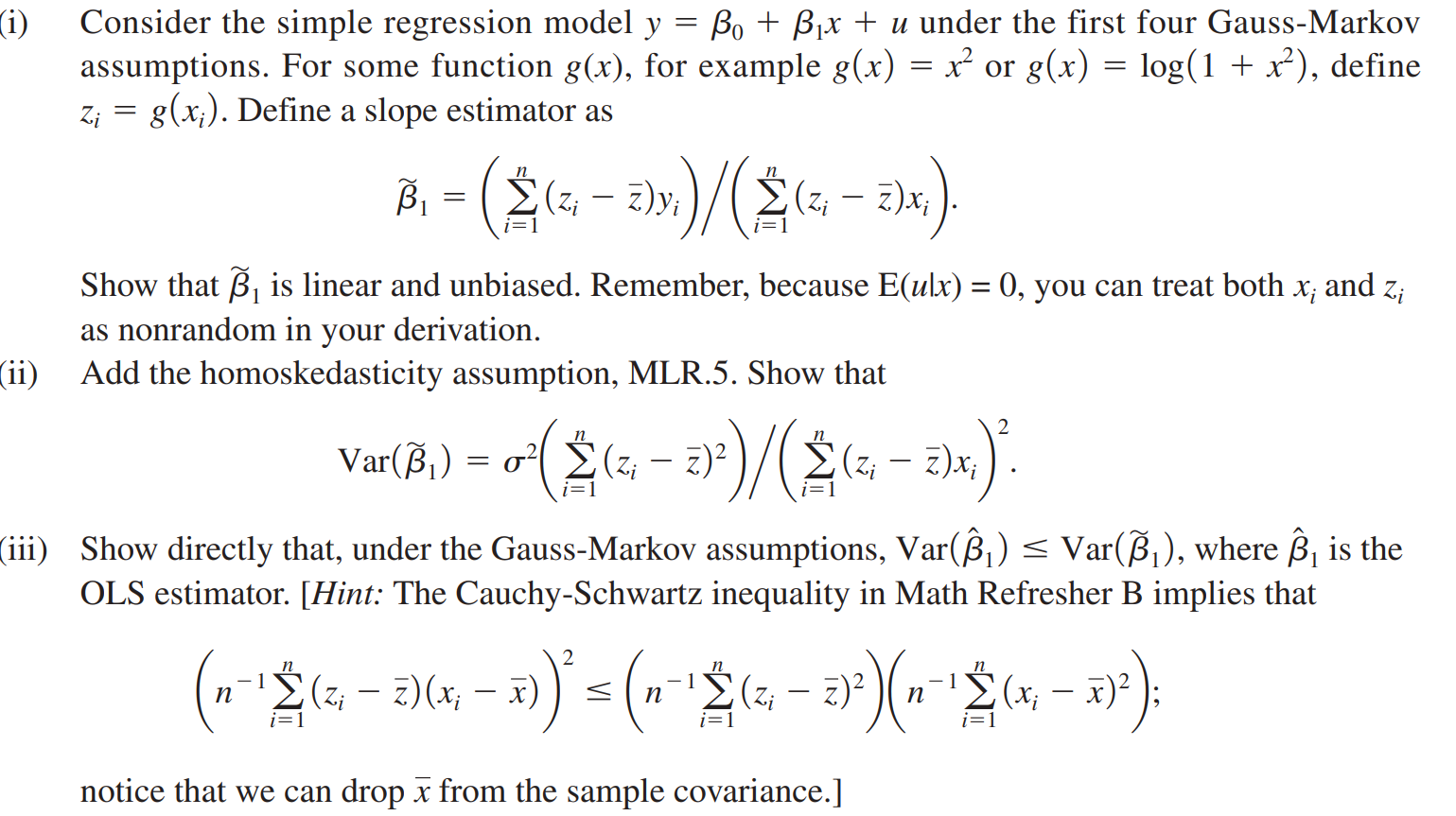 Solved (i) ﻿Consider the simple regression model y=β0+β1x+u | Chegg.com