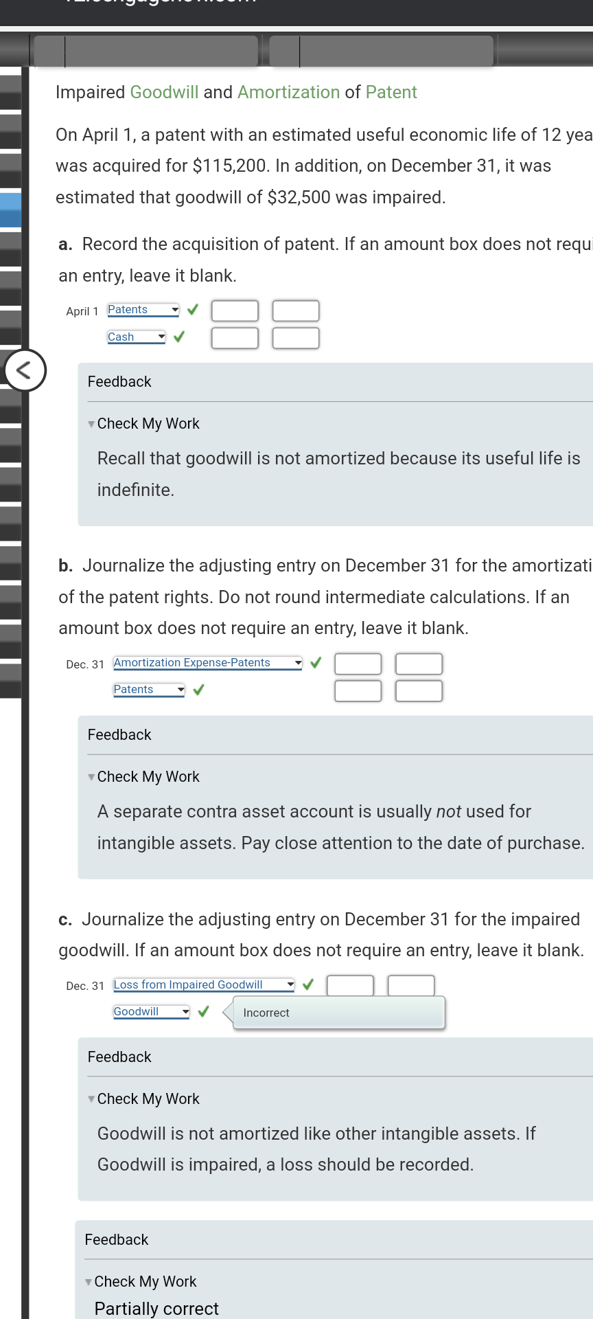 Solved Impaired Goodwill and Amortization of Patent On April | Chegg.com