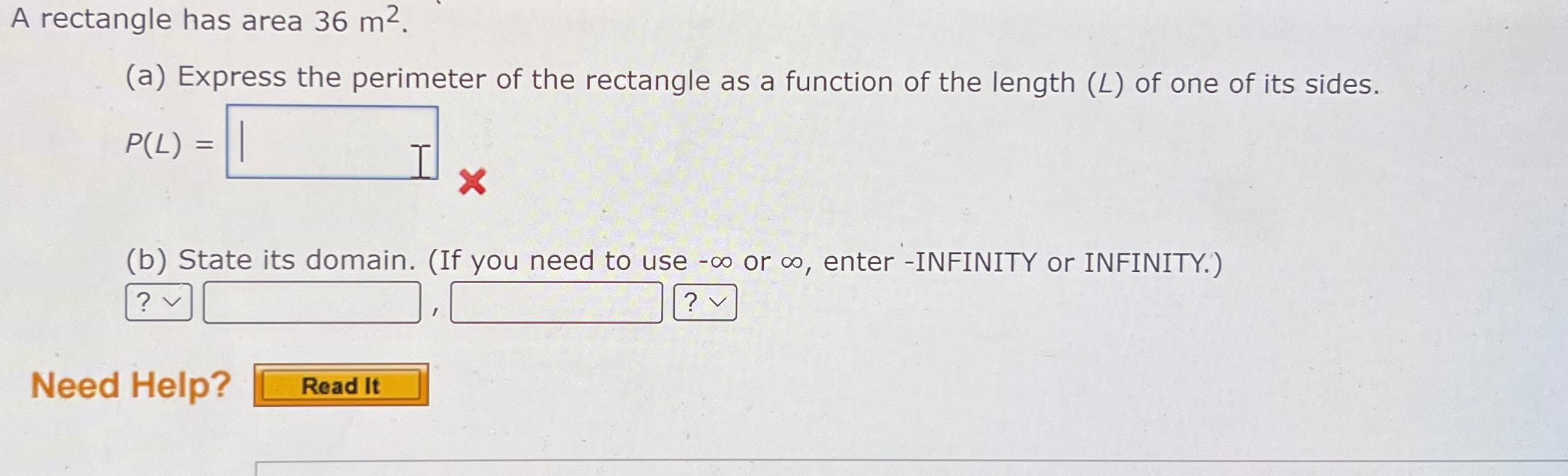 Solved A rectangle has area 36m2.(a) ﻿Express the perimeter | Chegg.com