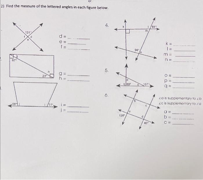 Solved 2) Find the measure of the lettered angles in each | Chegg.com