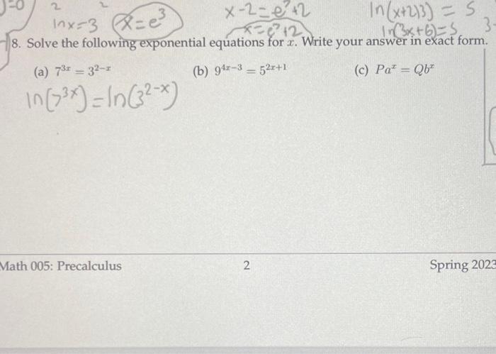 Solved 8. Solve the following exponential equations for x. | Chegg.com