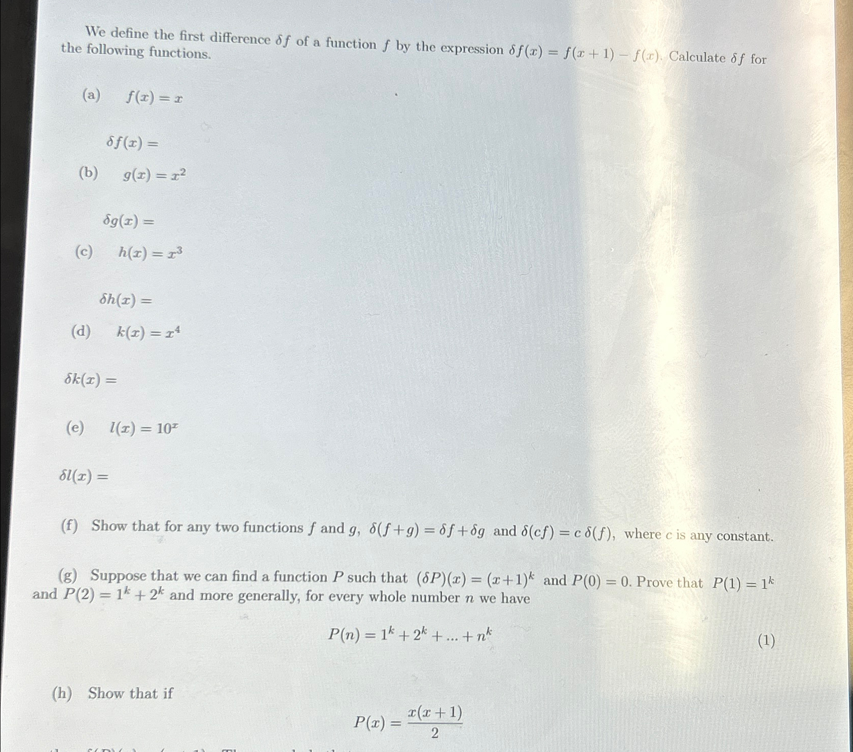 Solved We define the first difference δf ﻿of a function f | Chegg.com