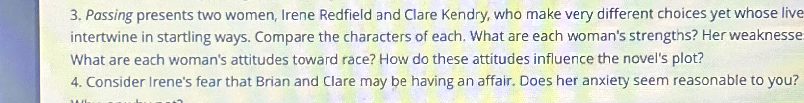 Solved Passing presents two women, Irene Redfield and Clare | Chegg.com