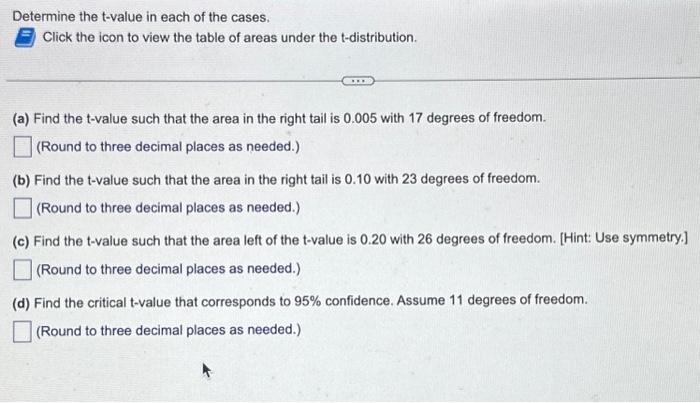 Solved Determine the t-value in each of the cases. Click the | Chegg.com