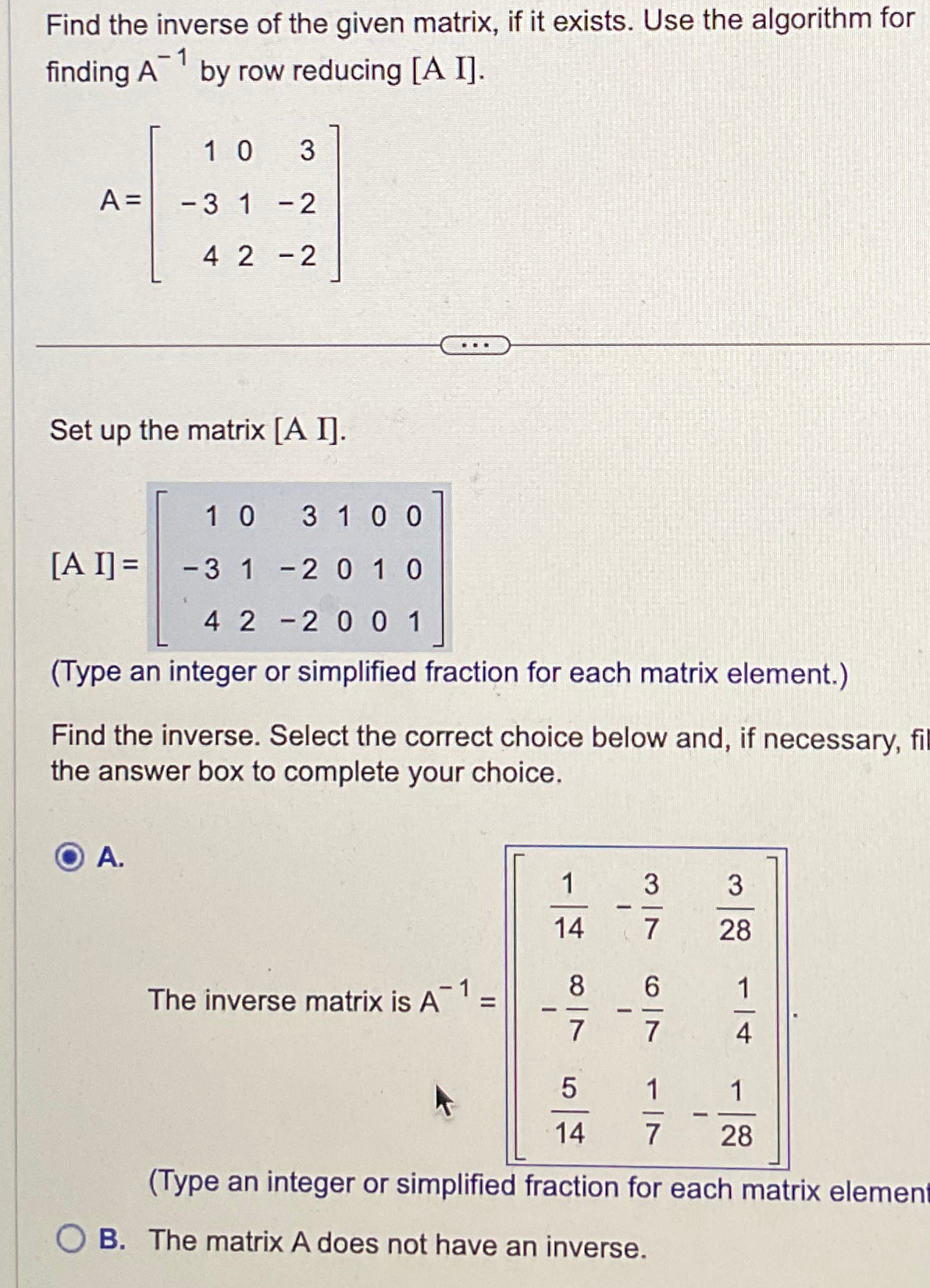 Solved Find the inverse of the given matrix, if it exists. | Chegg.com